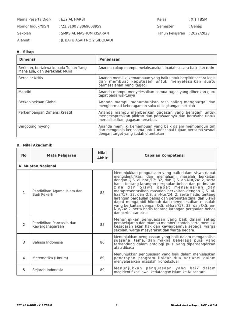 Rapor Ezy Al Harbi - X.1 TBSM | PDF