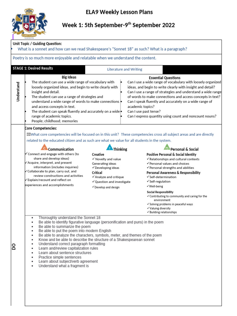 ELA 9 Week 1 | PDF