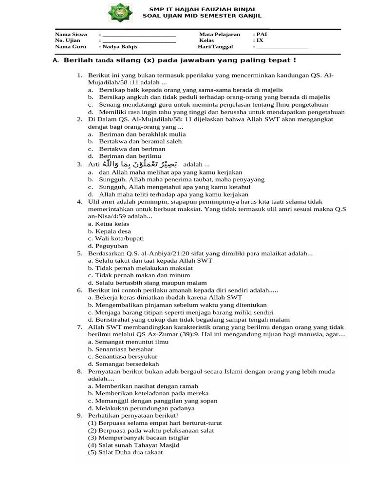 Soal Ujian Pai Mid Semester Ganjil Ix 2024 | PDF