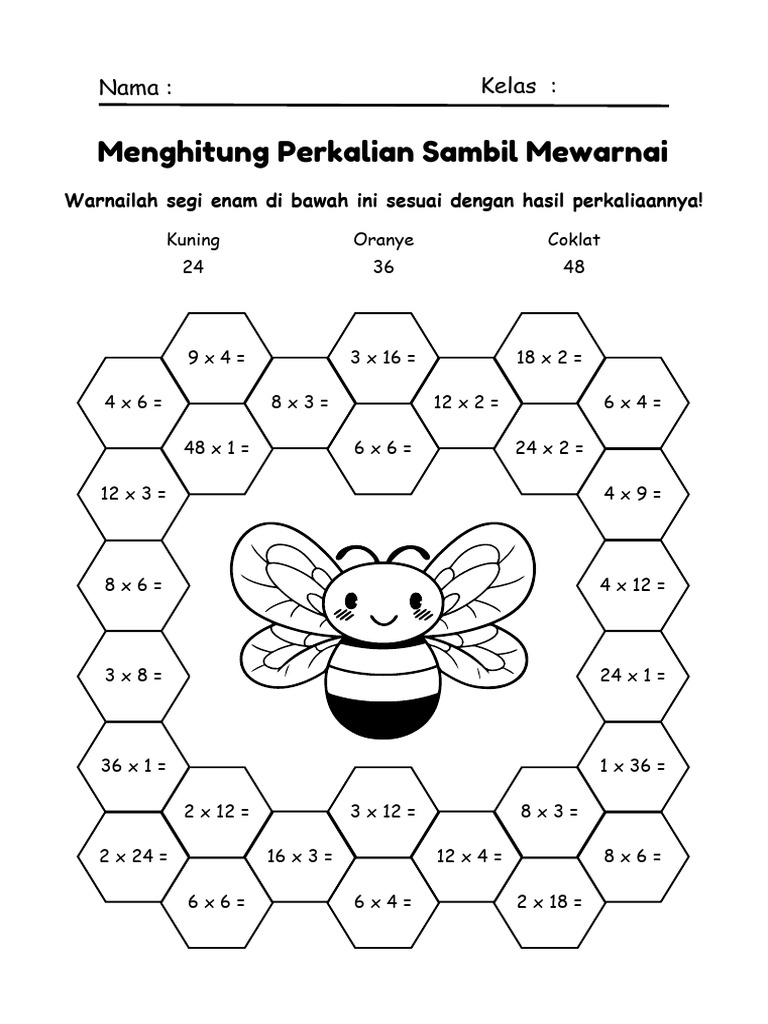 Menghitung Perkalian Sambil Mewarnai Lembar Kerja Sederhana Ilustratif ...