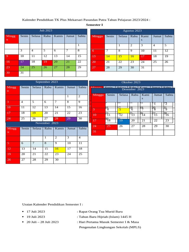 Kalender Pendidikan TK Plus Mekarsari Pasundan Putra Tahun Pelajaran ...