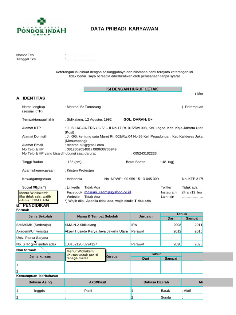 Form Biodata Karyawan RSPI Mesrani Situmorang | PDF