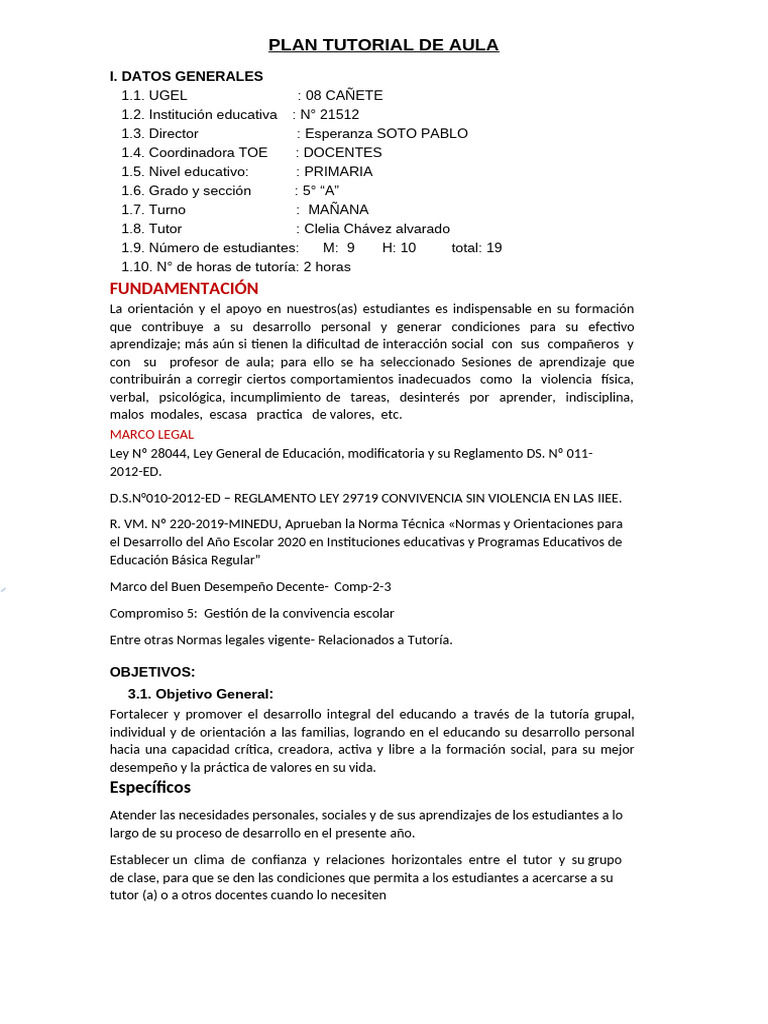 Plan Tutorial de Aula 5° A 2023cle | PDF