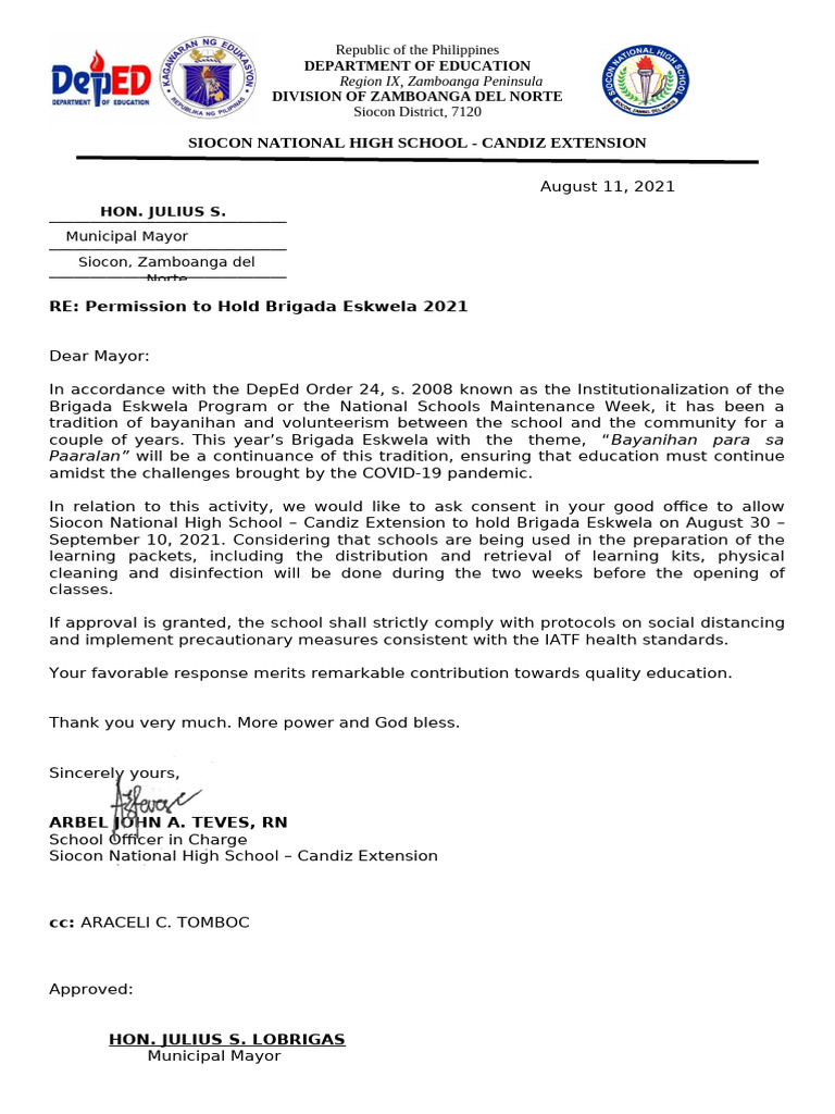 Brigada Eskwela 2021 Letter Request | PDF