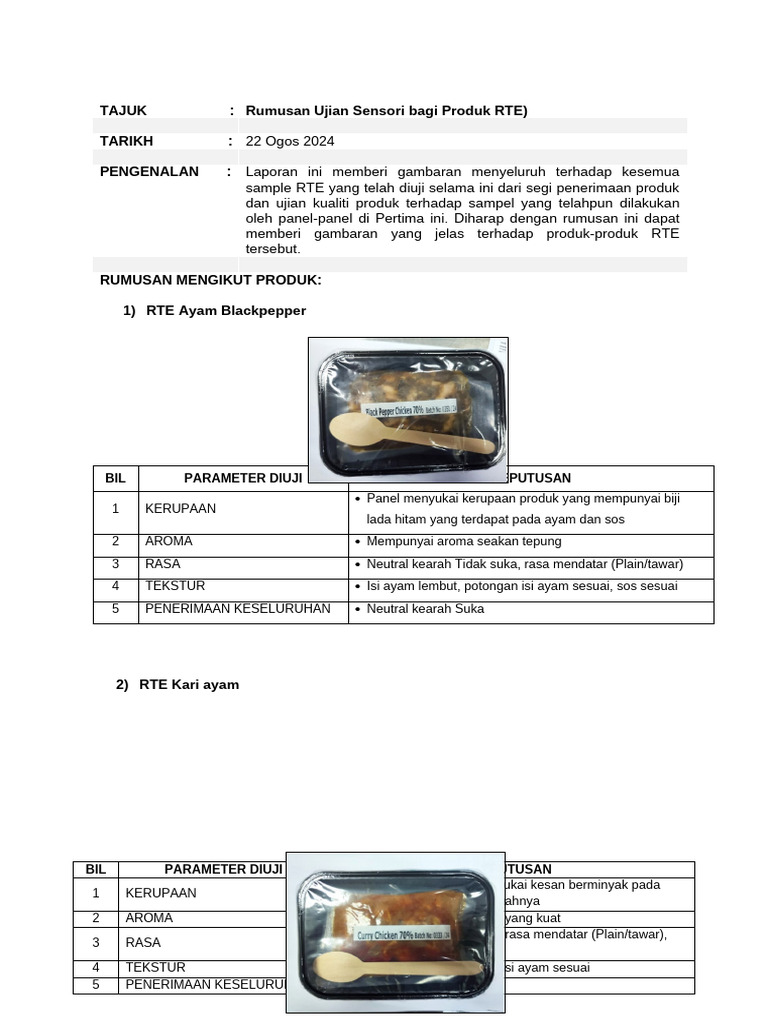 Rumusan Sensori Produk RTE 1 | PDF