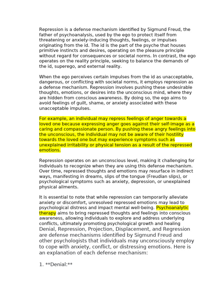Repression Is A Defense Mechanism Identified by Sigmund Freud | PDF ...