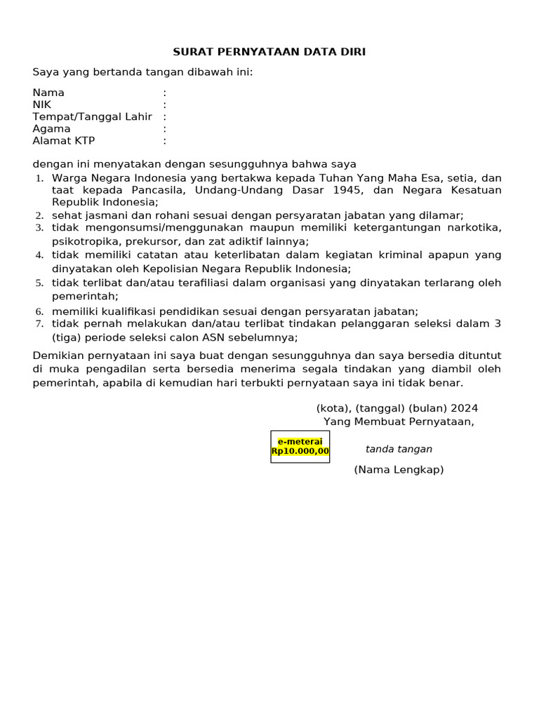 Surat Pernyataan Data Diri CPNS 2024 Pemkab Tebo | PDF
