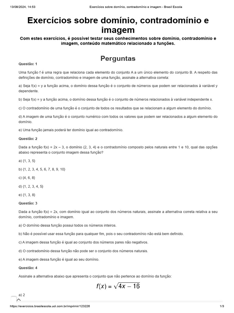 Exercícios Sobre Domínio, Contradomínio e Imagem - Brasil Escola | PDF