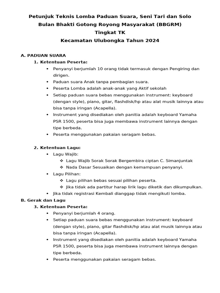 Petunjuk Teknis Lomba Tingkat TK SD SMP BBGRM 2024 | PDF