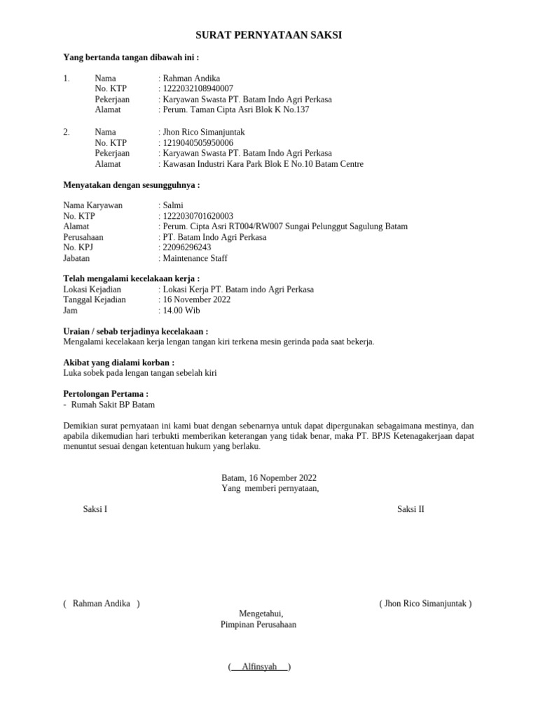 SURAT PERNYATAAN SAKSI - SALMI | PDF