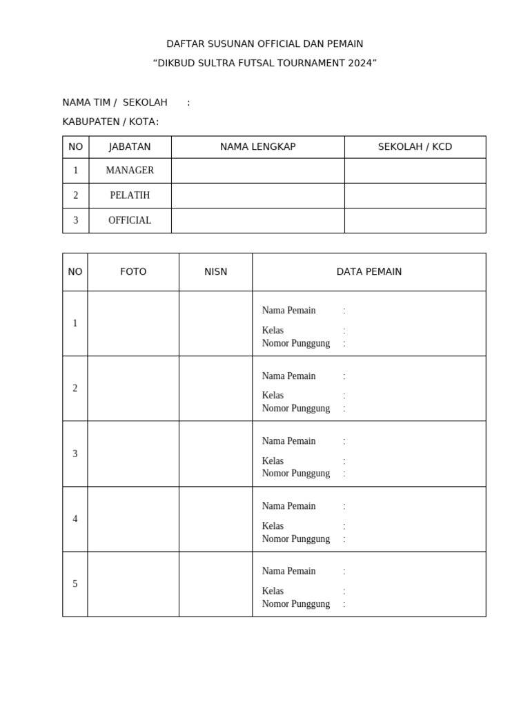 DAFTAR SUSUNAN OFFICIAL DAN PEMAIN Futsal | PDF