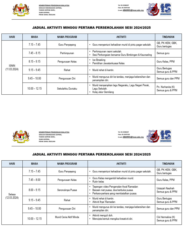 Jadual Minggu Pertama 2024 | PDF