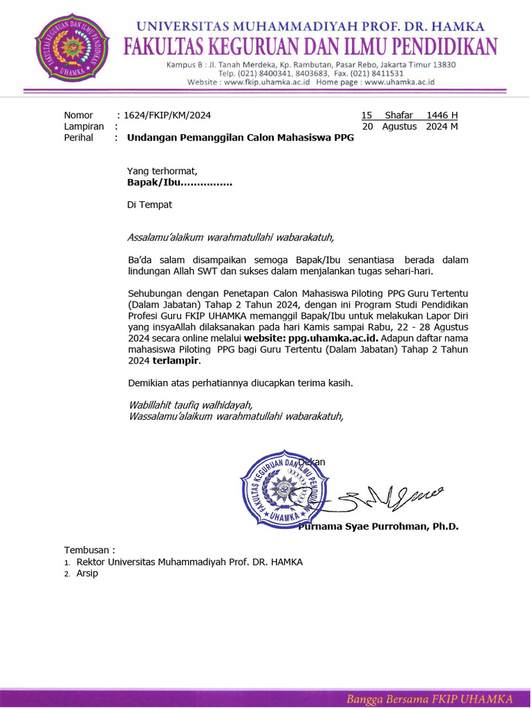 Surat Pemanggilan Peserta PPG Guru Tertentu Tahap 2 Tahun 2024 | PDF