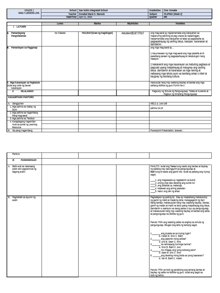 Q4 DLL Filipino-1 Week-2-Donabel | PDF