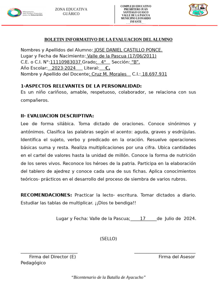 INFORME DESCRIPTIVO FINAL 4°B Rev para Imprimir 1 7 2024 | PDF