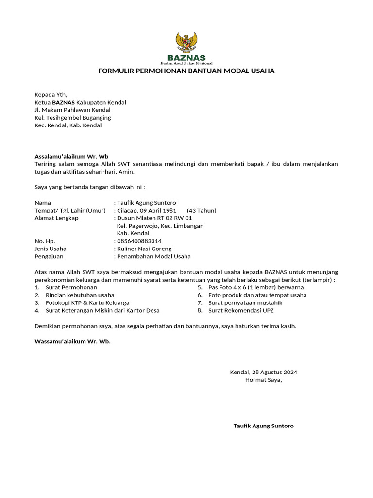 FORMULIR PERMOHONAN BANTUAN MODAL USAHA | PDF