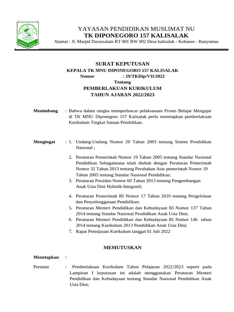 SK Pemberlakuan Kurikulum | PDF