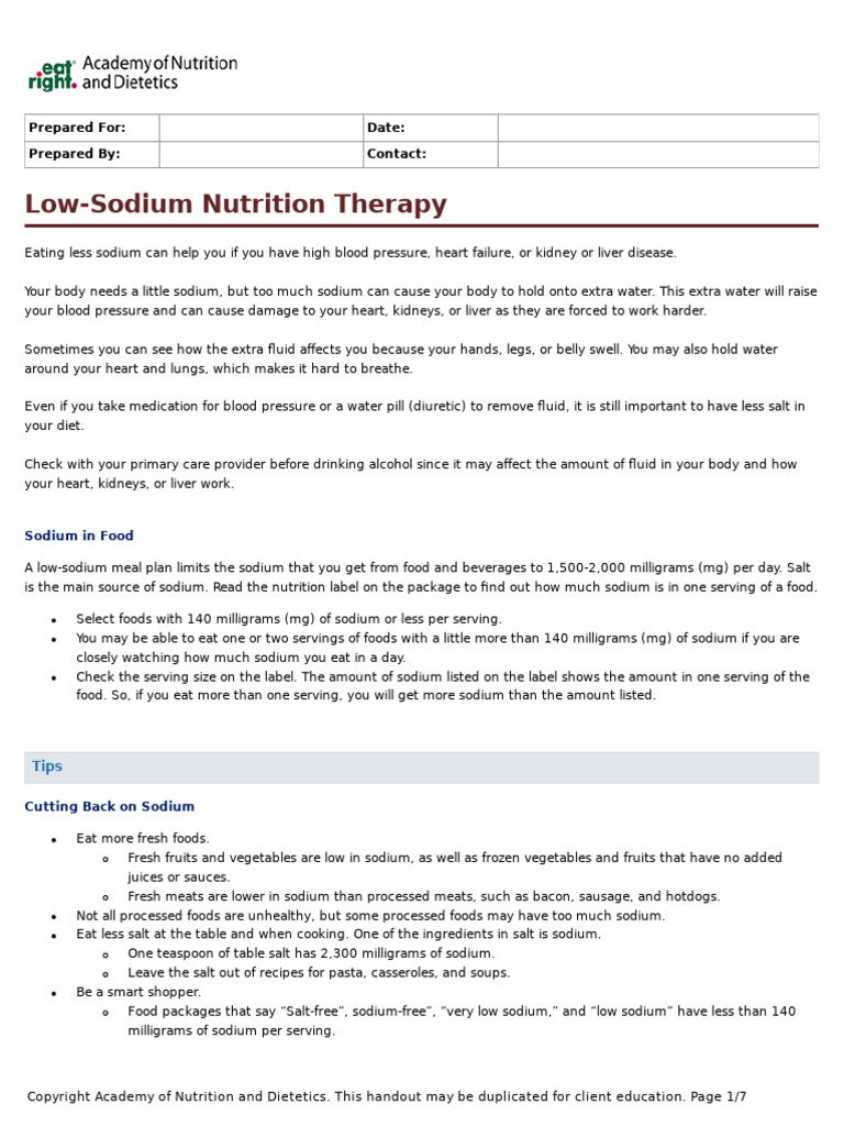 Client Ed Low Sodium Nutrition Therapy | PDF