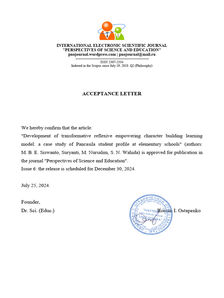 Acceptance Letter: International Electronic Scientific Journal "Perspectives of Science and ...