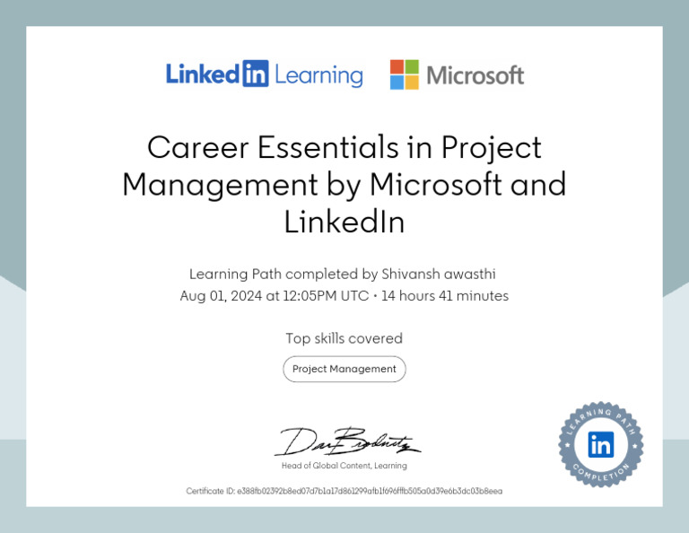 CertificateOfCompletion - Career Essentials in Project Management by Microsoft and LinkedIn | PDF