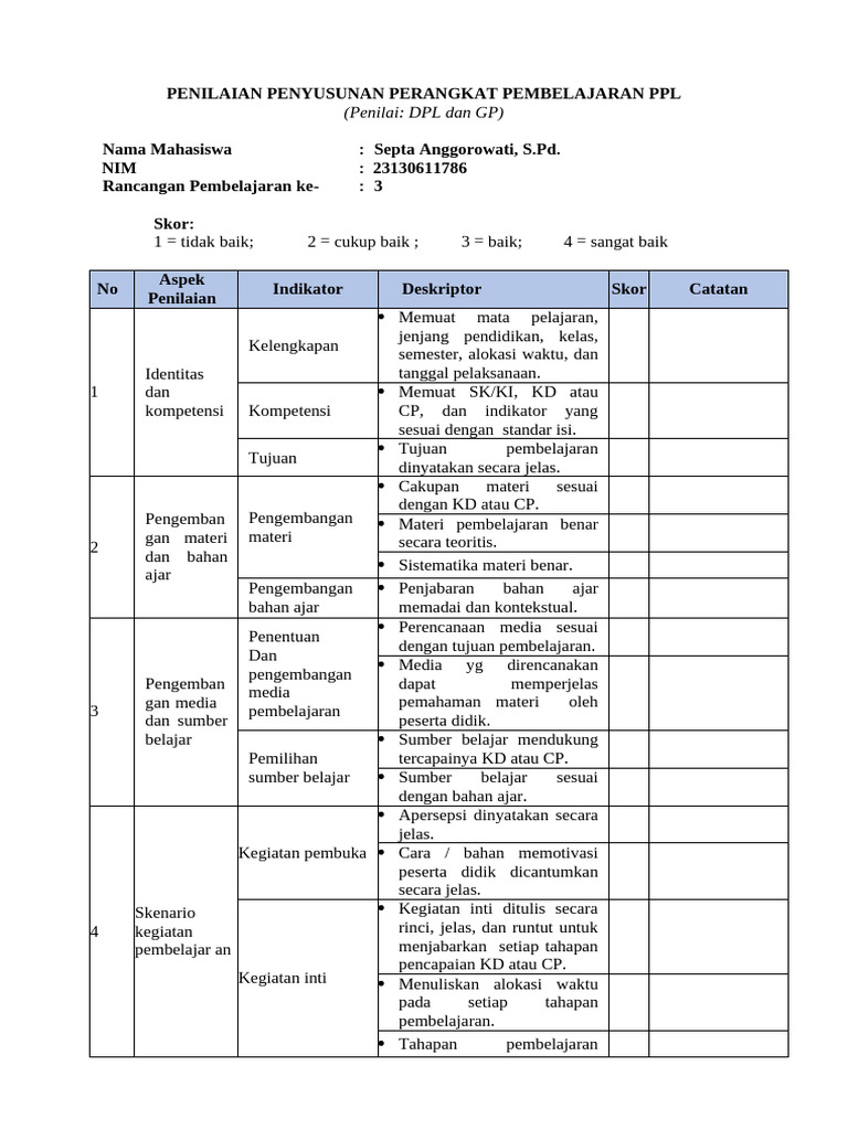 Penilaian Penyusunan Perangkat Pembelajaran PPL | PDF