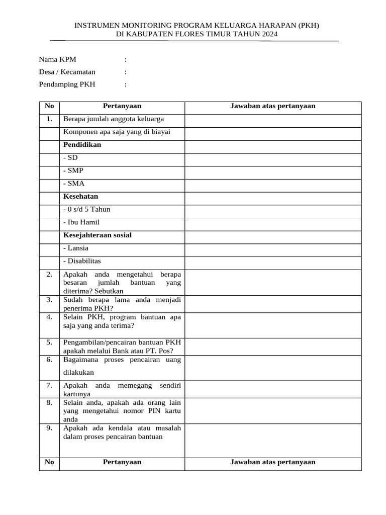 Instrumen Monitoring PKH Utk KPM | PDF