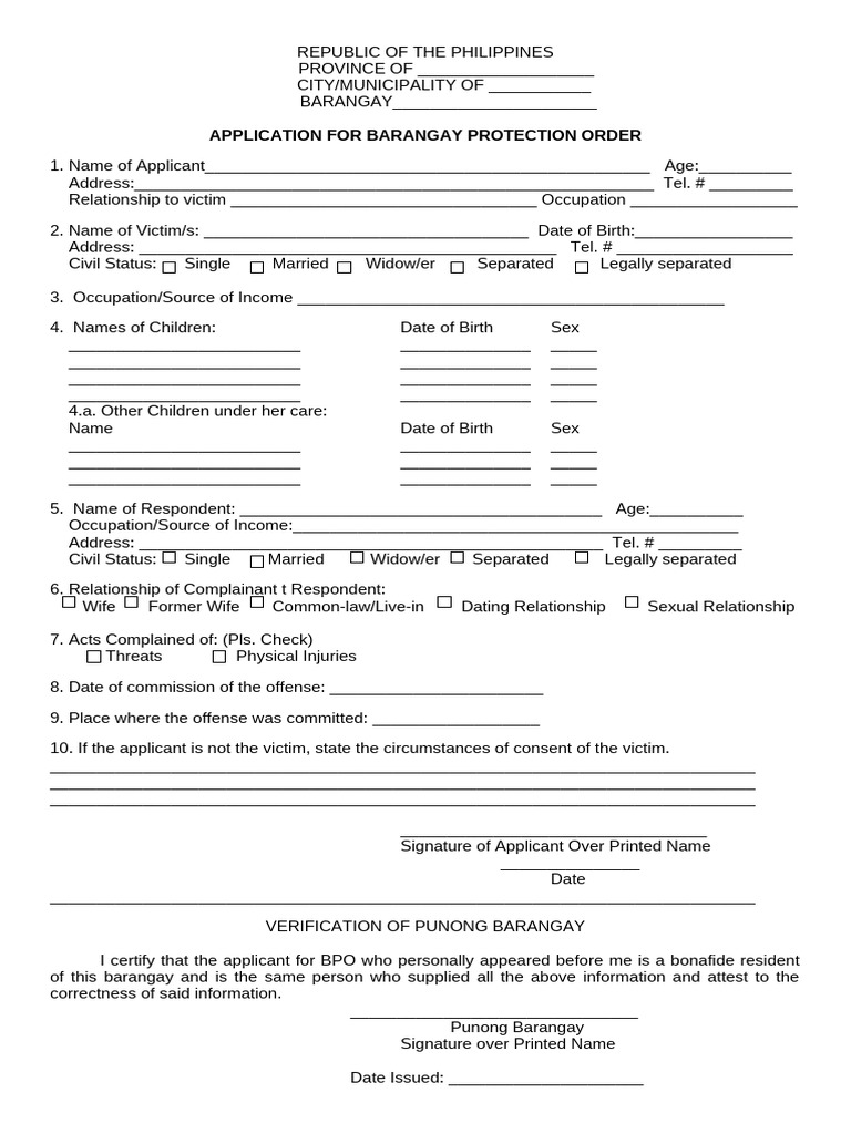 Application For Barangay Protection Order | PDF