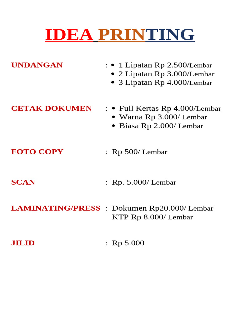 Daftar Harga Idea Printing | PDF