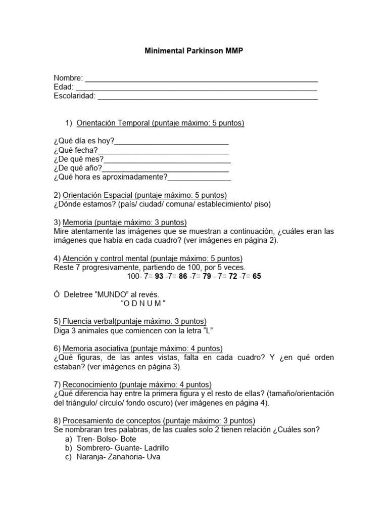 Minimental - Parkinson - MMP Protocolo | PDF