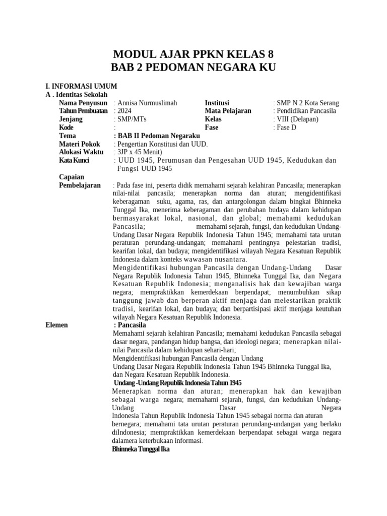 Modul Ajar PPKN Kelas 8 Bab 2 Pedoman Negara Ku | PDF
