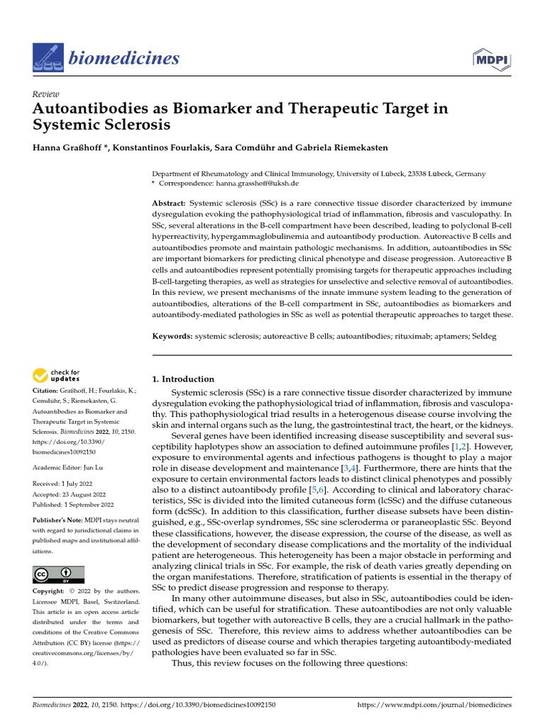 Autoantibodies As Biomarker and Therapeutic Target in Systemic Sclerosis | PDF