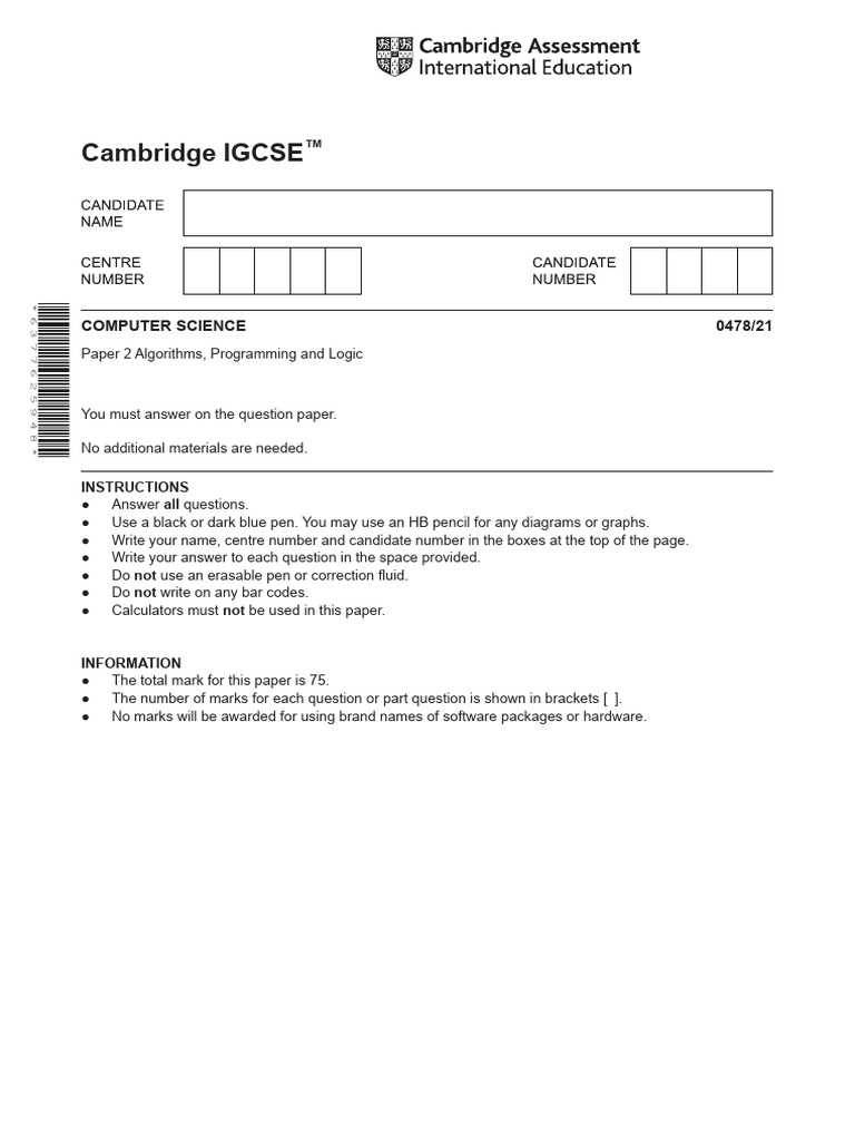 Cambridge IGCSE: Computer Science 0478/21 | PDF