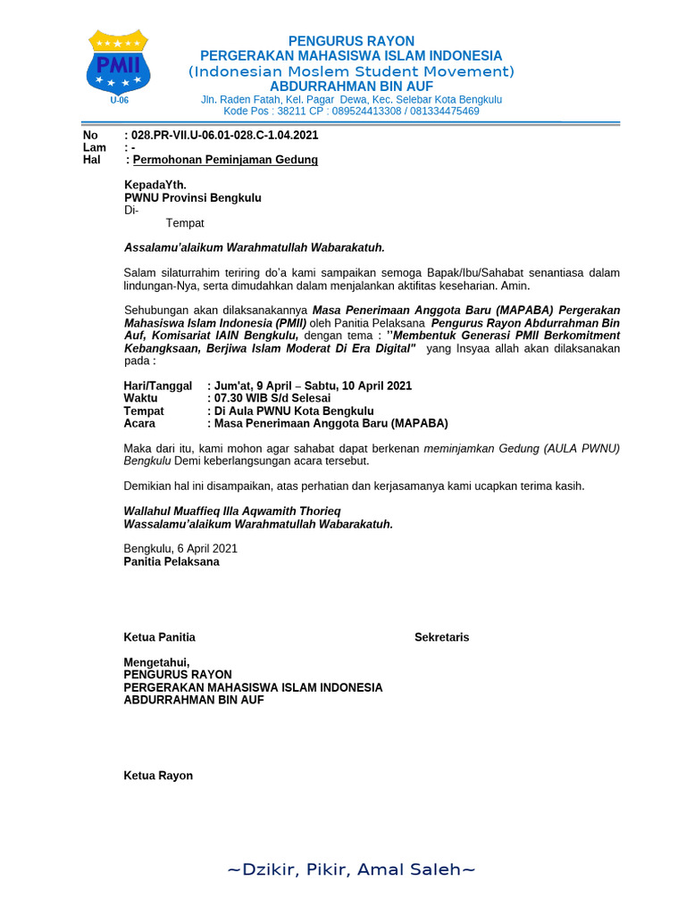 Surat Permohonan Peminjaman Gedung PWNU Bengkulu | PDF