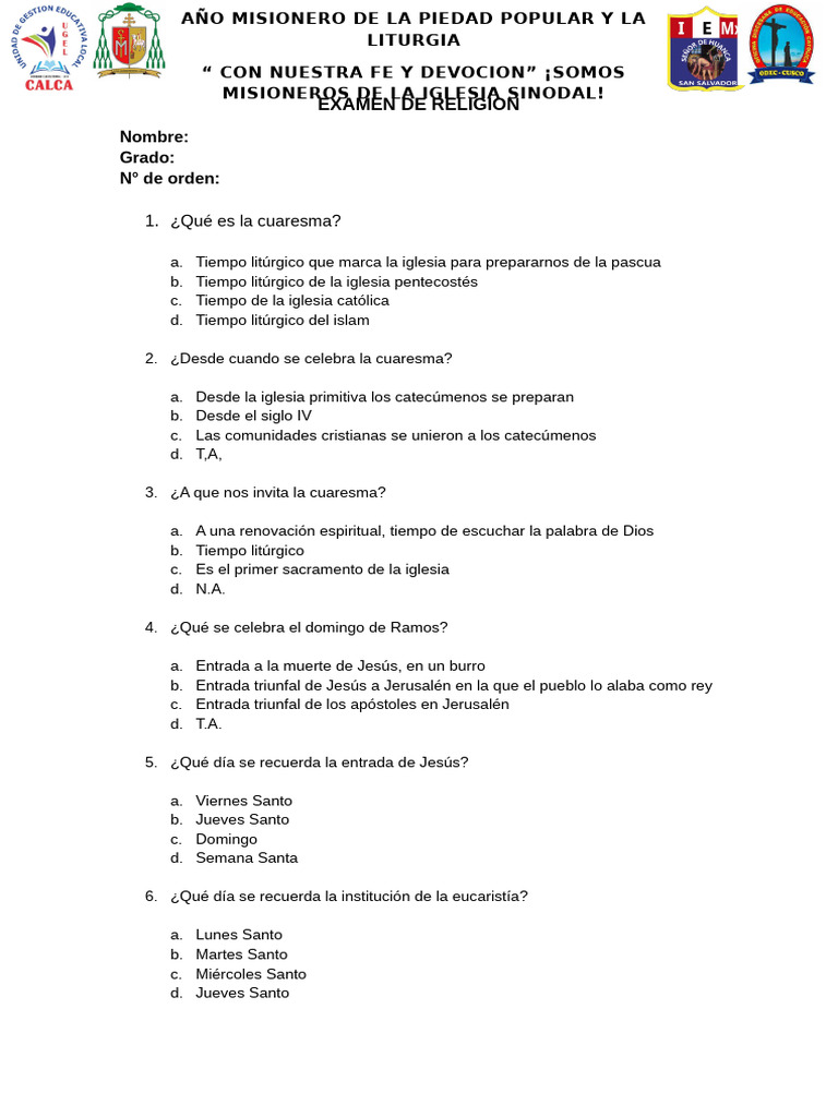 Cuaresma y Liturgia: Examen de Religión | PDF | Liturgia | Louvor