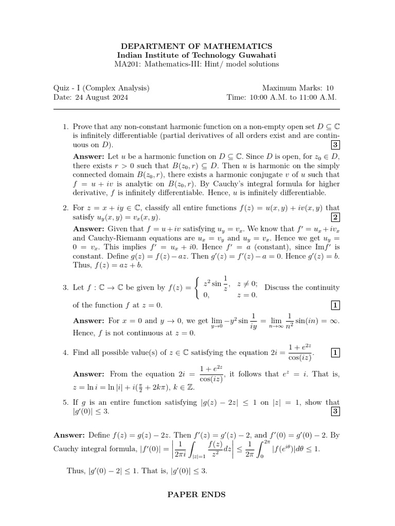 MA201 Quiz-I 2024 Solution | PDF