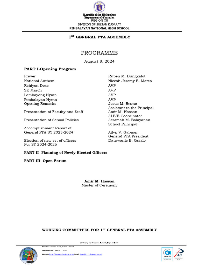 Programme and Committees For General Pta Assembly | PDF