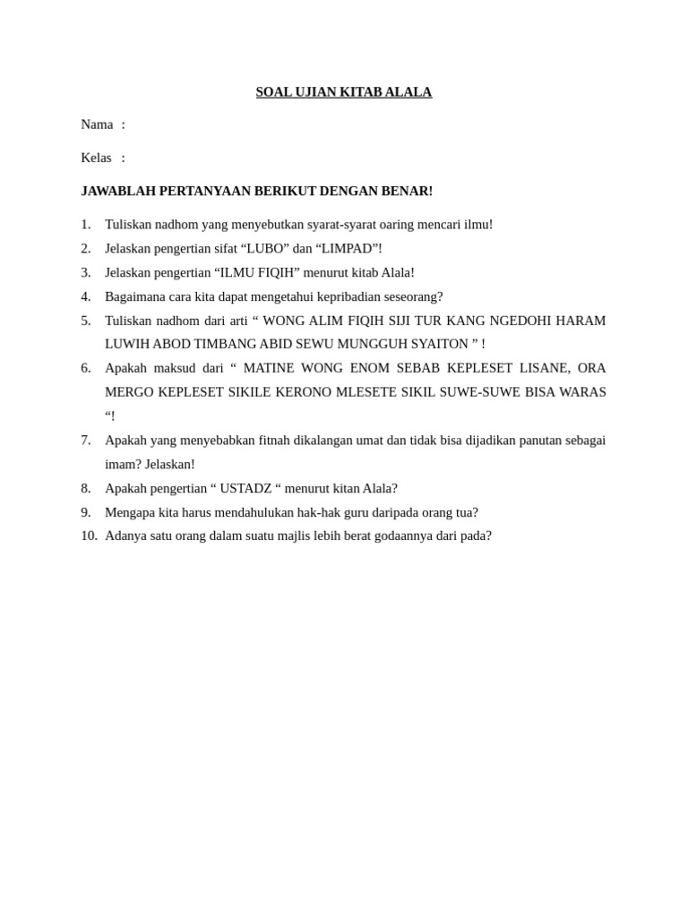 Soal Ujian Kitab Alala | PDF