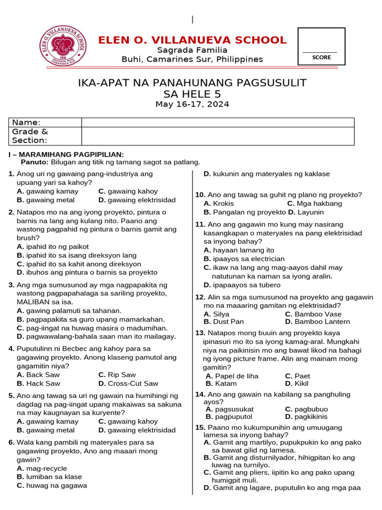 Ikaapat-Panahunang-Pagsusulit Hele 6 | PDF