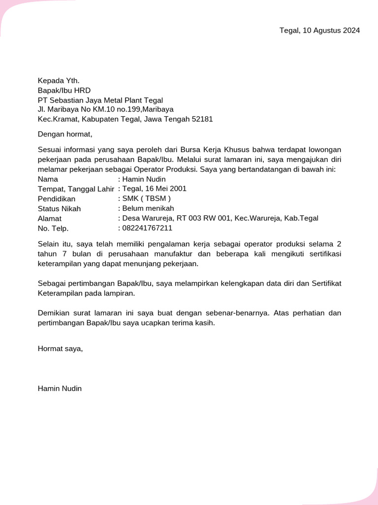 Surat Lamaran PT Sebastian Jaya Metal | PDF