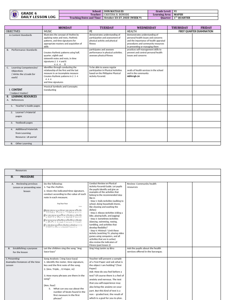 DLL - Mapeh 6 - Q1 - W9 | PDF