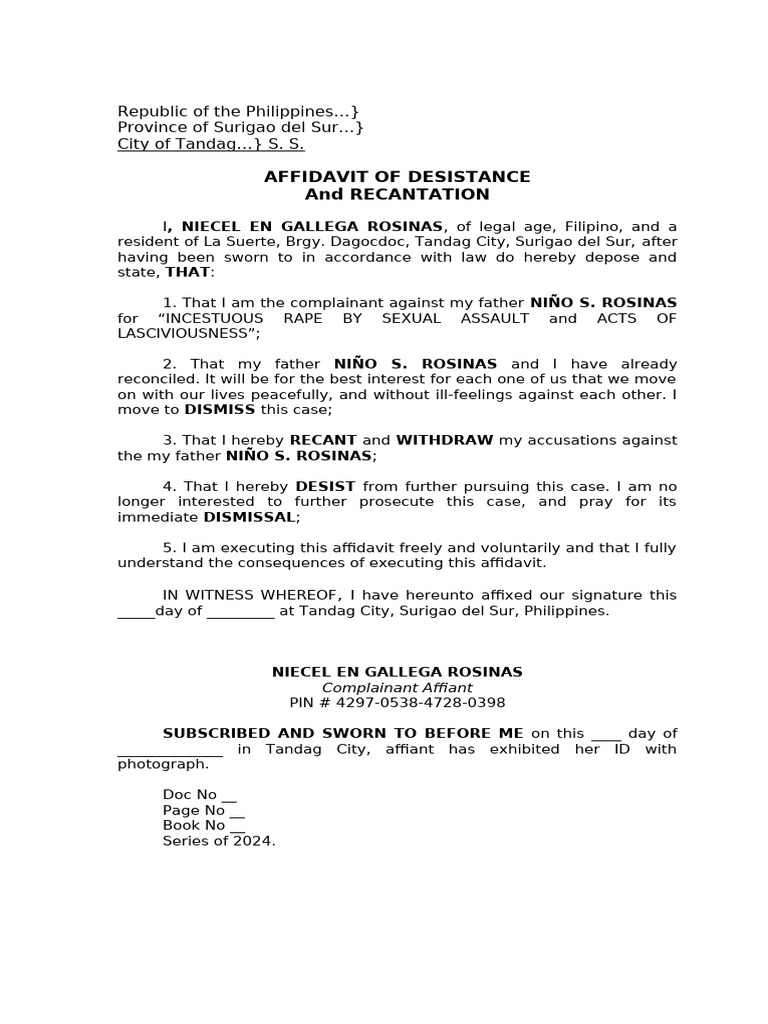 Affidavit of Desistance and Recantation-Neicel en Rosinas | PDF