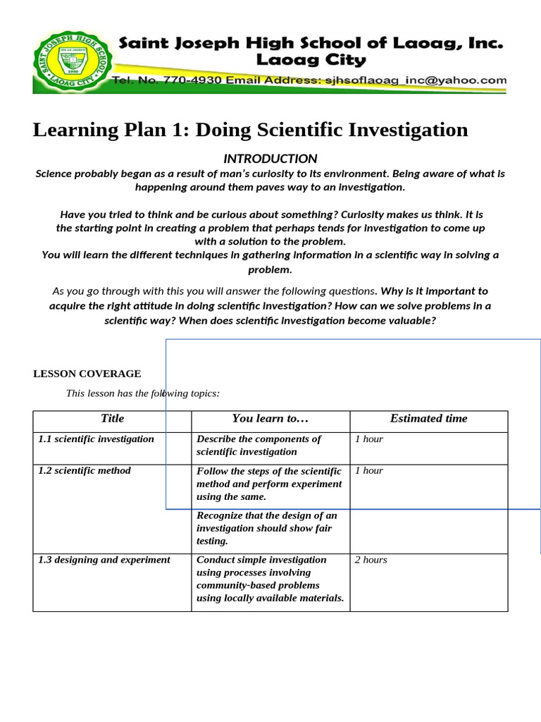 Learning Plan Unit-1-G7-Sci | PDF