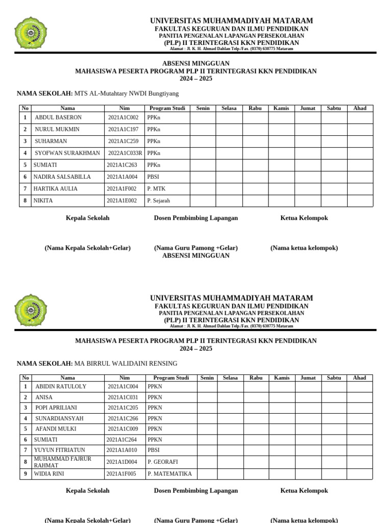 Absensi Mingguan (Ok) | PDF