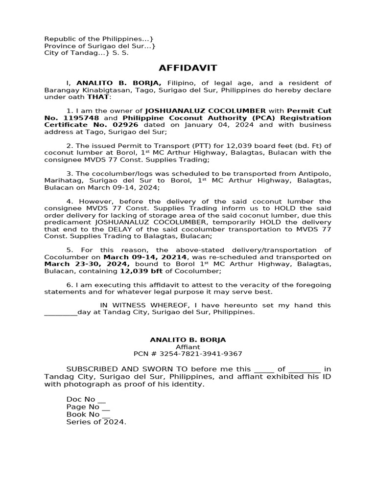 Affidavit of Transport - Analito B. Borja | PDF