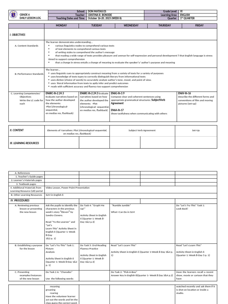 DLL - English 6 - Q1 - W8 | PDF