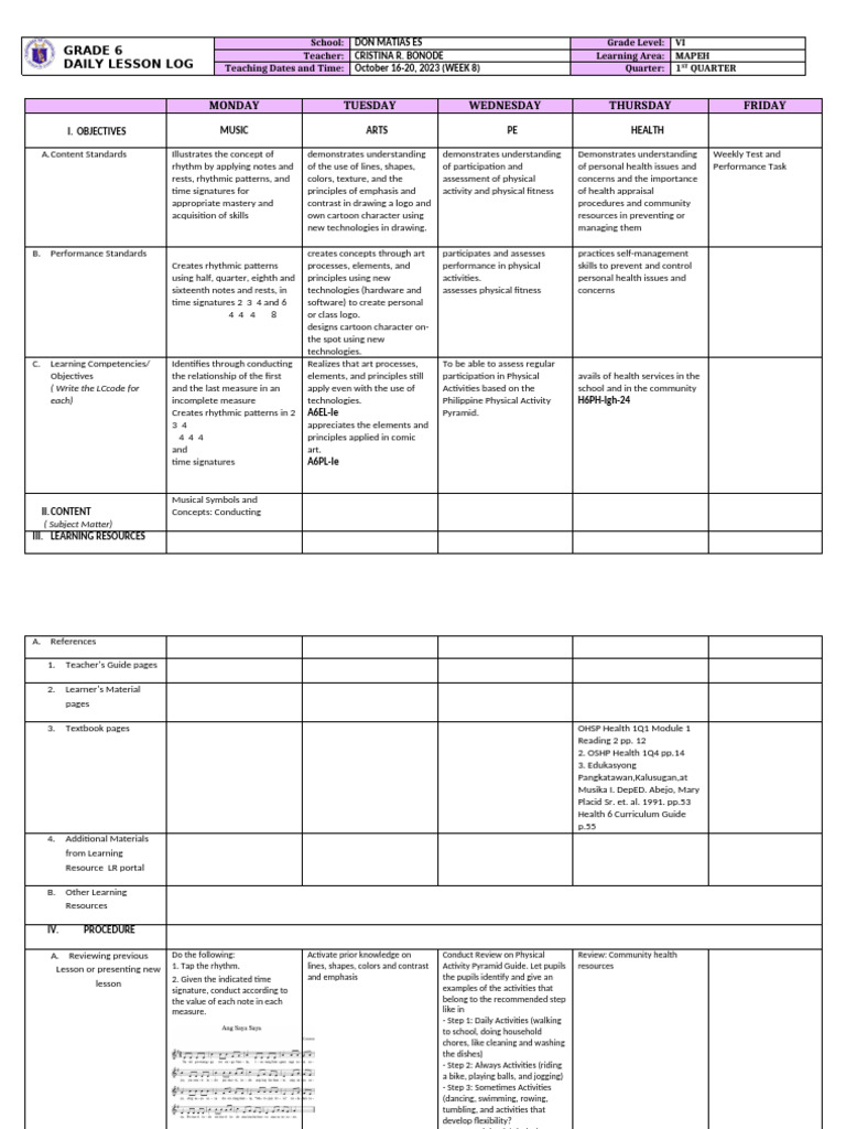 DLL_MAPEH 6_Q1_W8 | PDF
