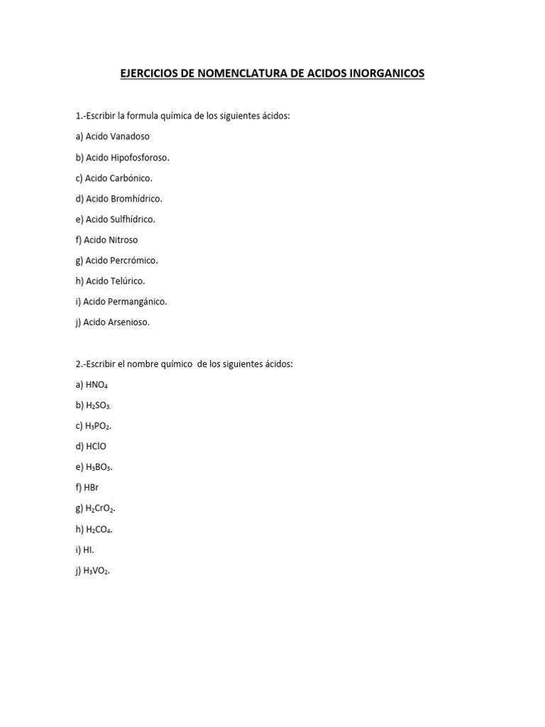 Ejercicios de Nomenclatura de Acidos Inorganicos. | PDF