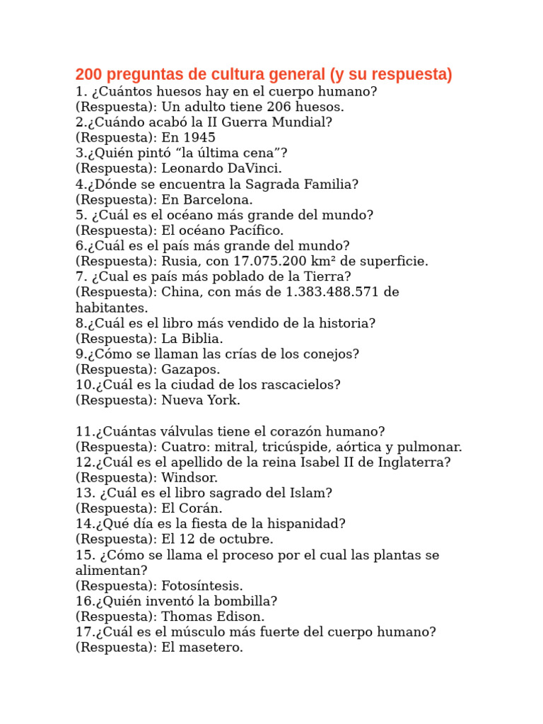 200 Preguntas de Cultura General (Y Su Respuesta) | PDF | Ciencias sociales | Historia