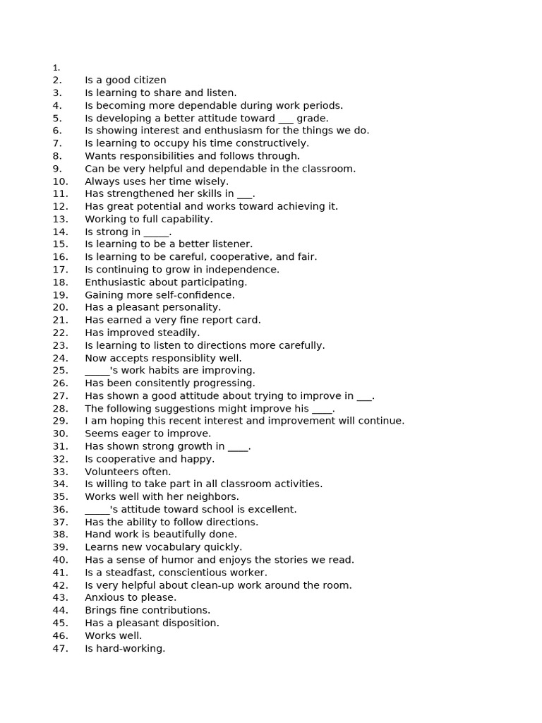 report card comment ideas | PDF