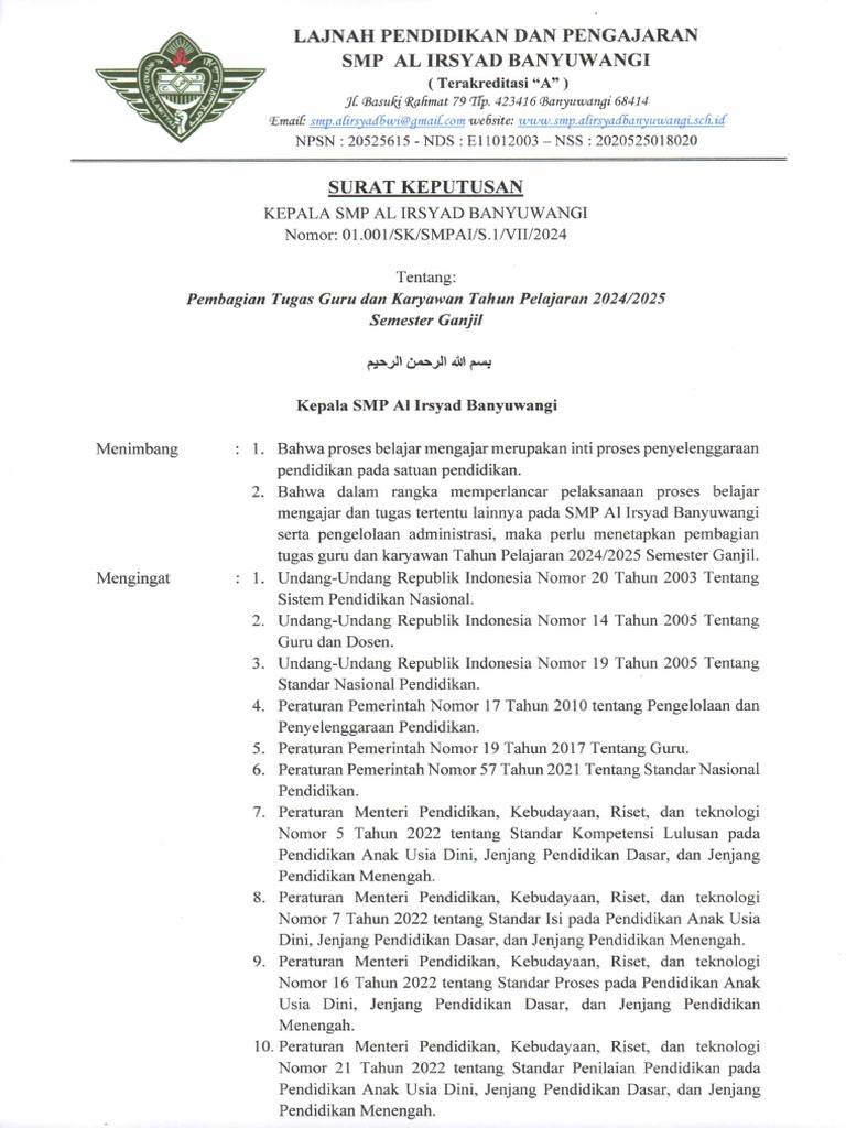 01.001 Juli 2024 SK Pembagian Tugas Mengajar Semester Ganjil Tp. 2024-2025 | PDF